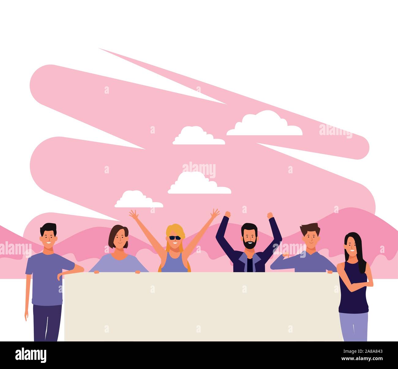 cartoon happy people protesting with blank poster, colorful design ...