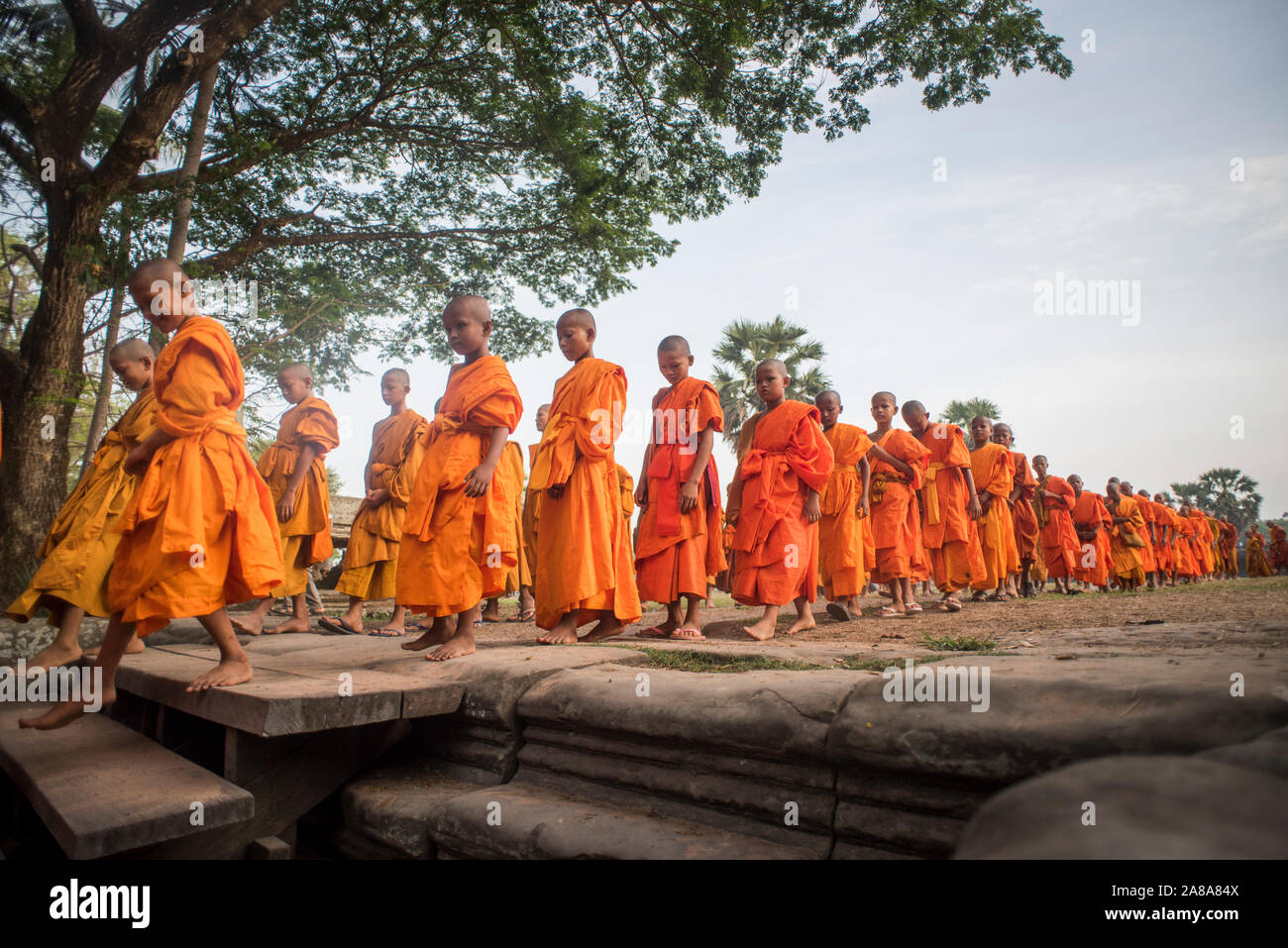Large group of Buddhist monks during the celebration of the Visak ...