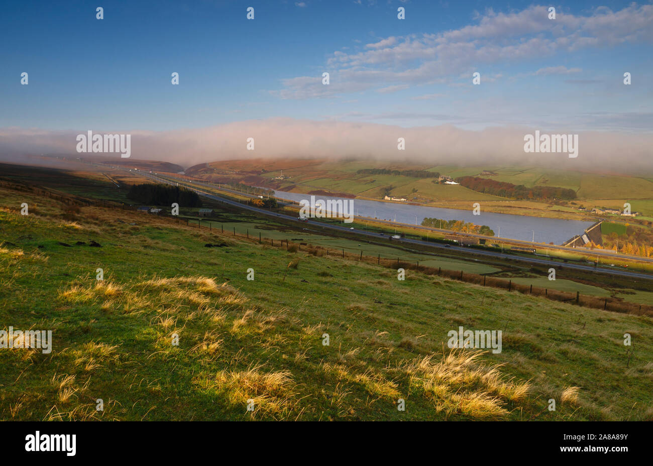 Stott Hall Farm, Booth Wood Reservoir & M62 in the mist & fog from the ...