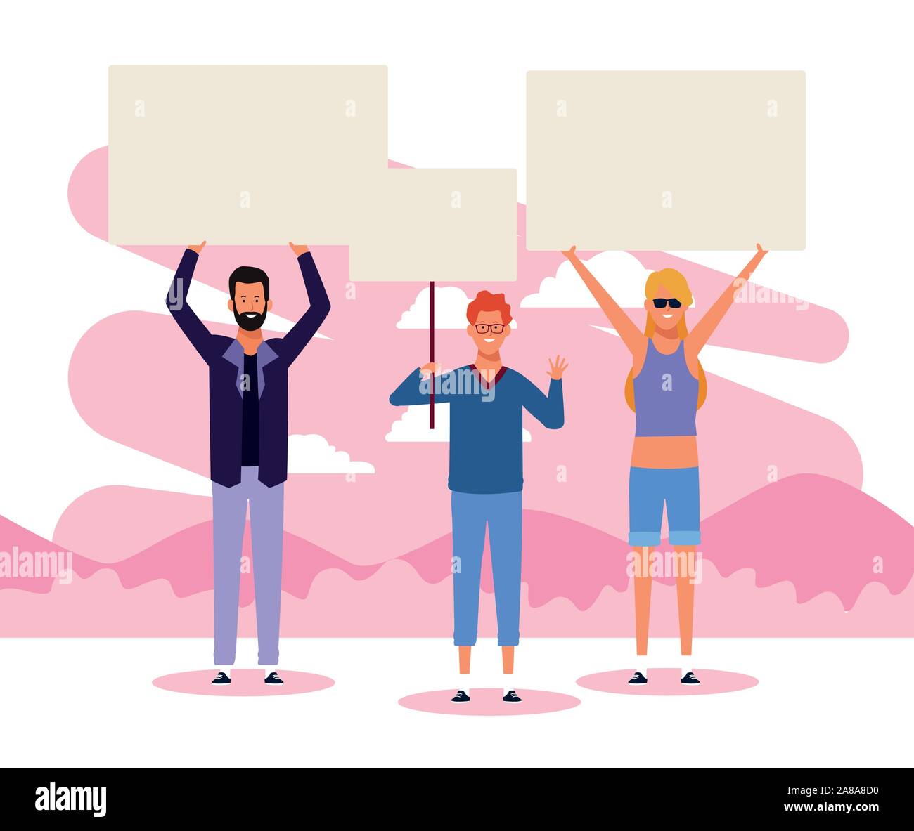 cartoon young people protesting with blank placards over white and pink ...