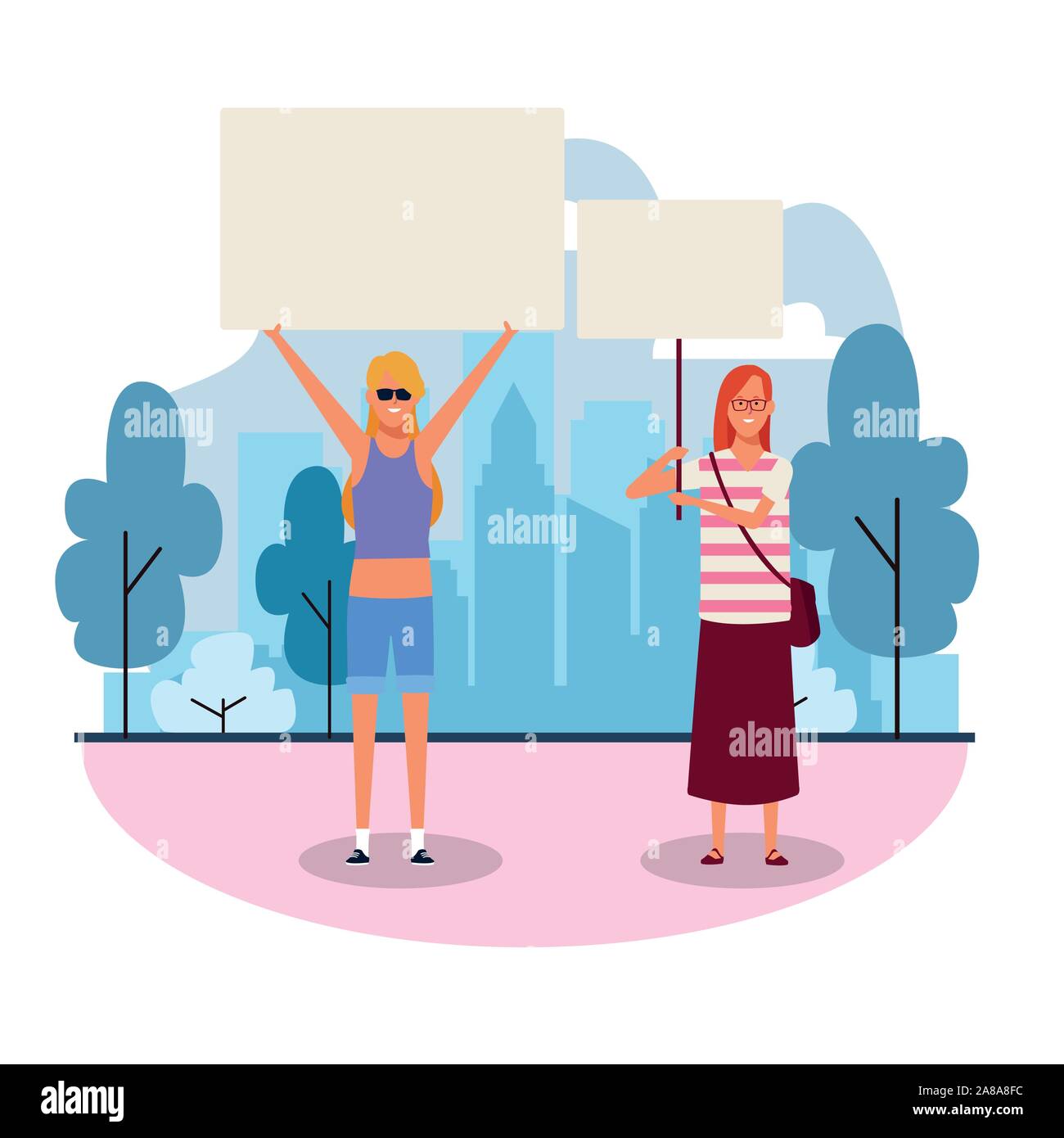 cartoon women protesting with blank posters in the park Stock Vector ...
