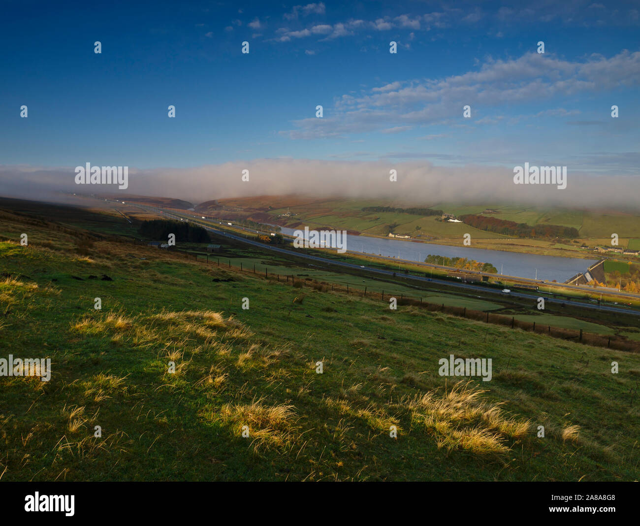 Stott Hall Farm, Booth Wood Reservoir & M62 in the mist & fog from the ...