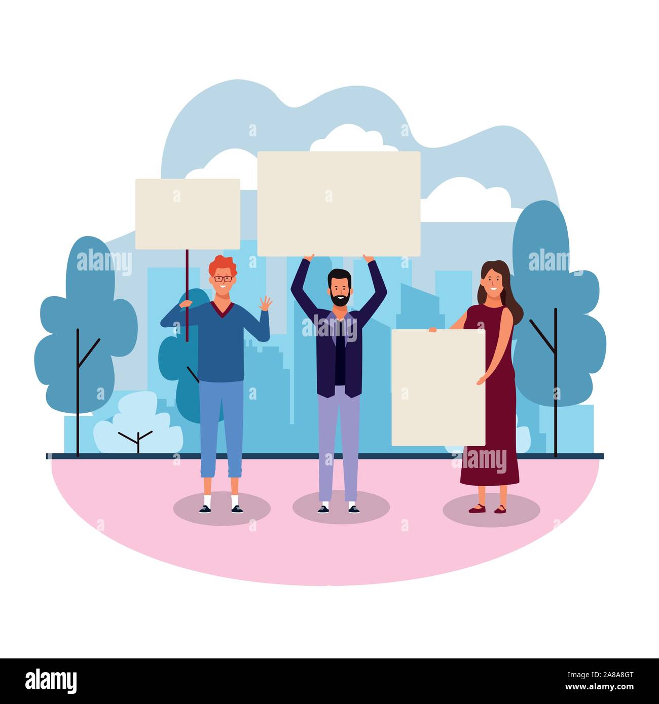 cartoon happy young people protesting with blank posters Stock Vector ...