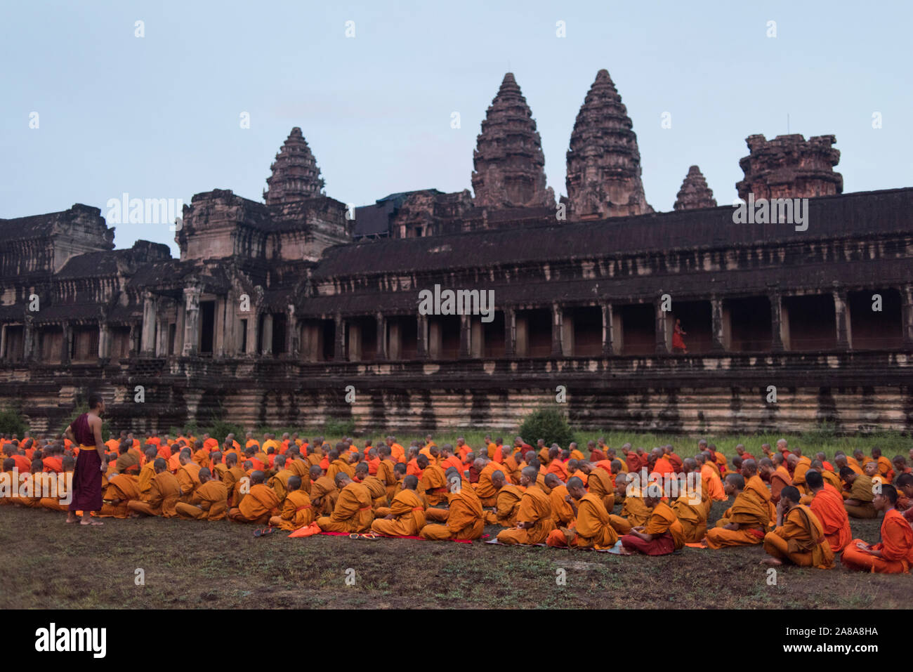 Large group of Buddhist monks during the celebration of the Visak ...