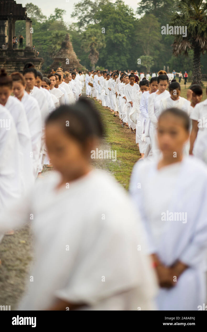 Large group of Buddhist nuns during the celebration of the Visak Bochea ...