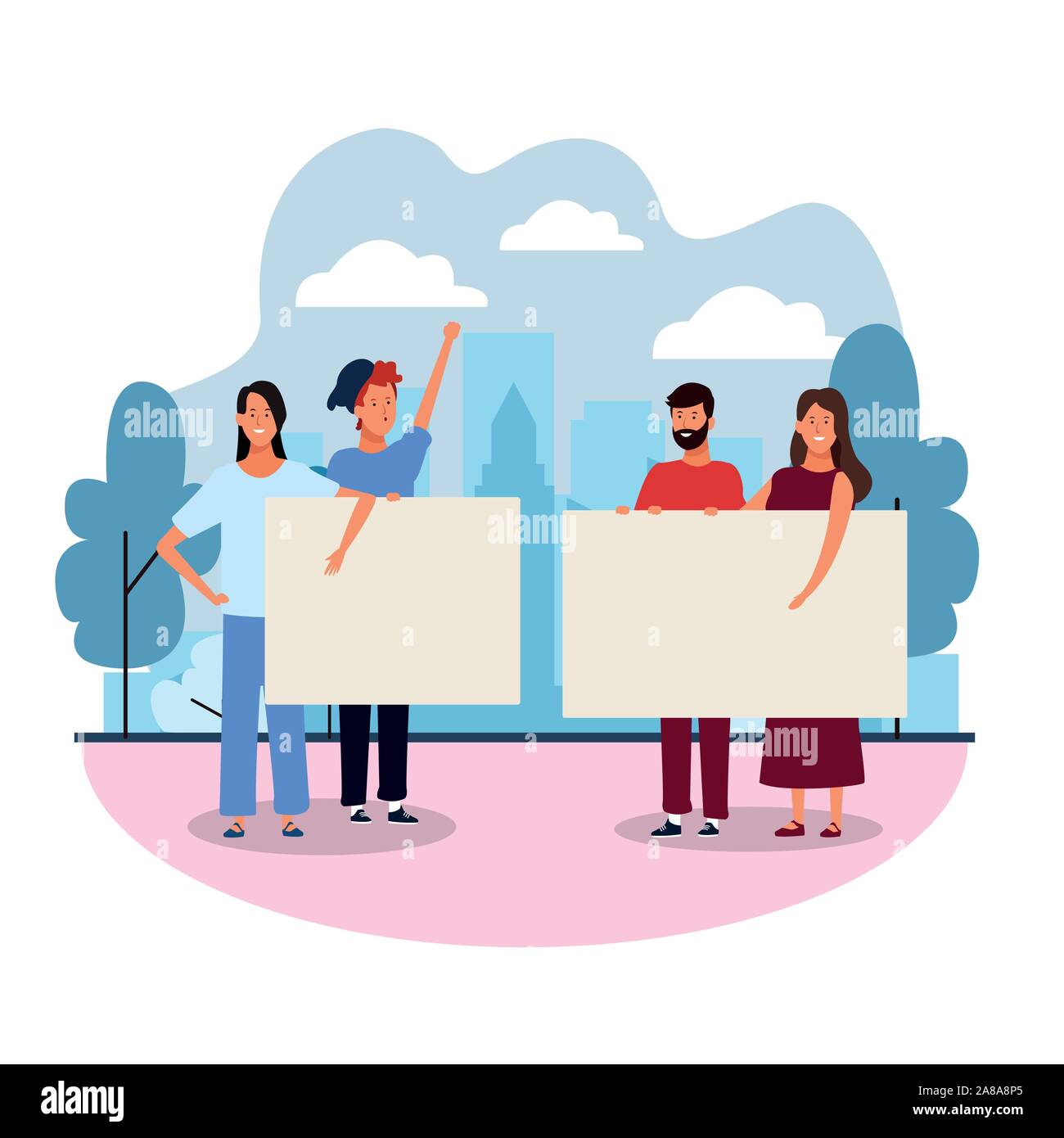 cartoon young people protesting with blank posters in the park ...