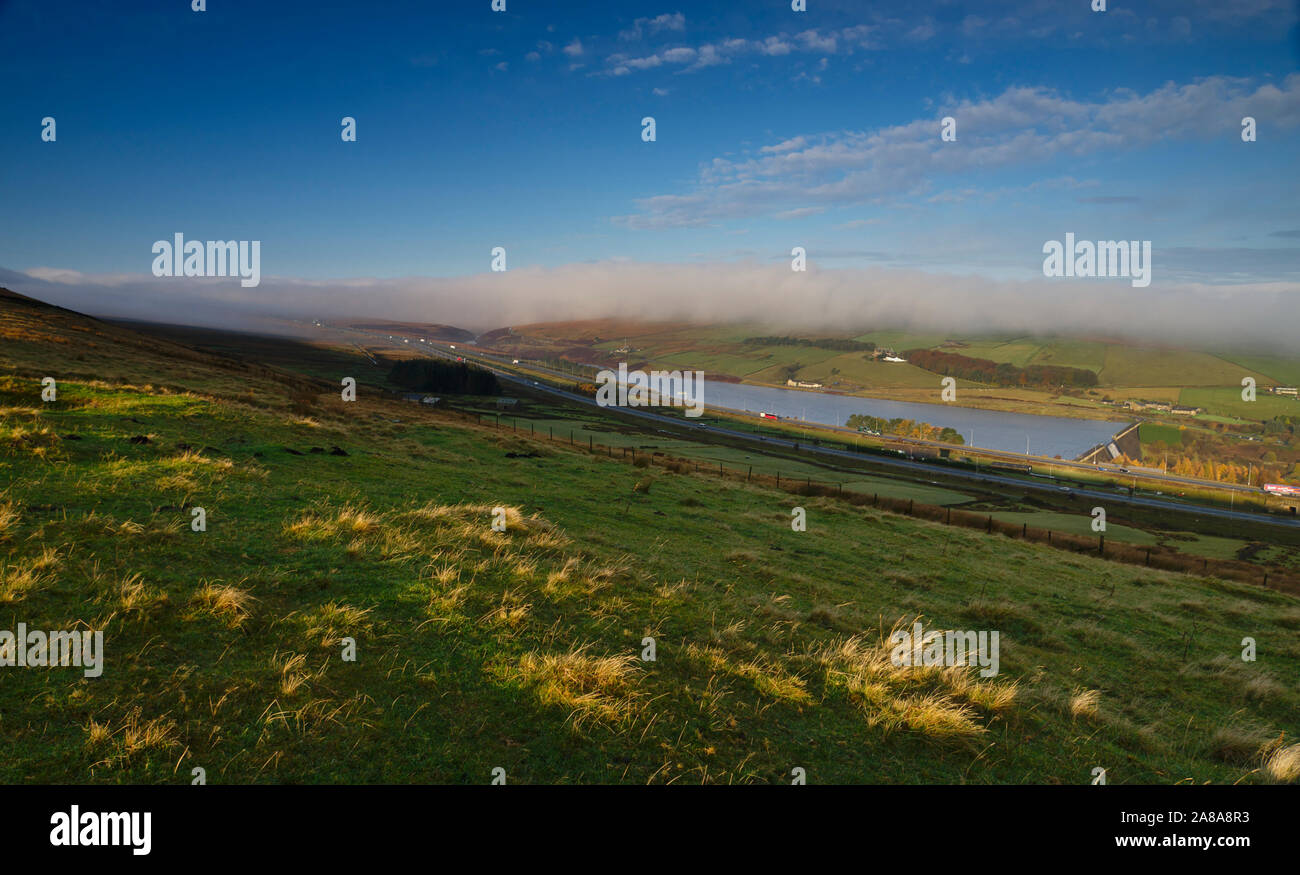 Stott Hall Farm, Booth Wood Reservoir & M62 in the mist & fog from the ...