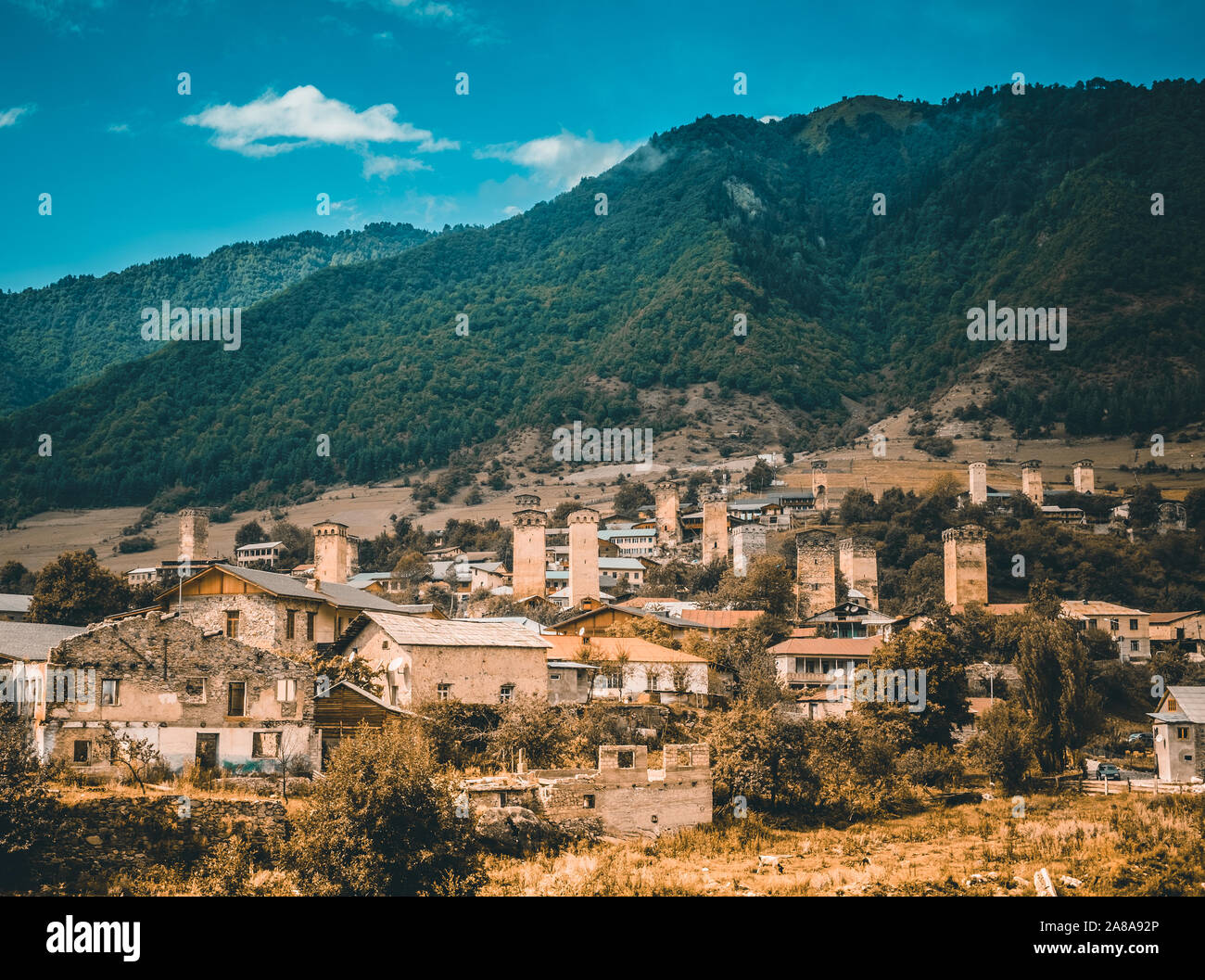 Mestia valley with traditional old georgian towers hi-res stock ...