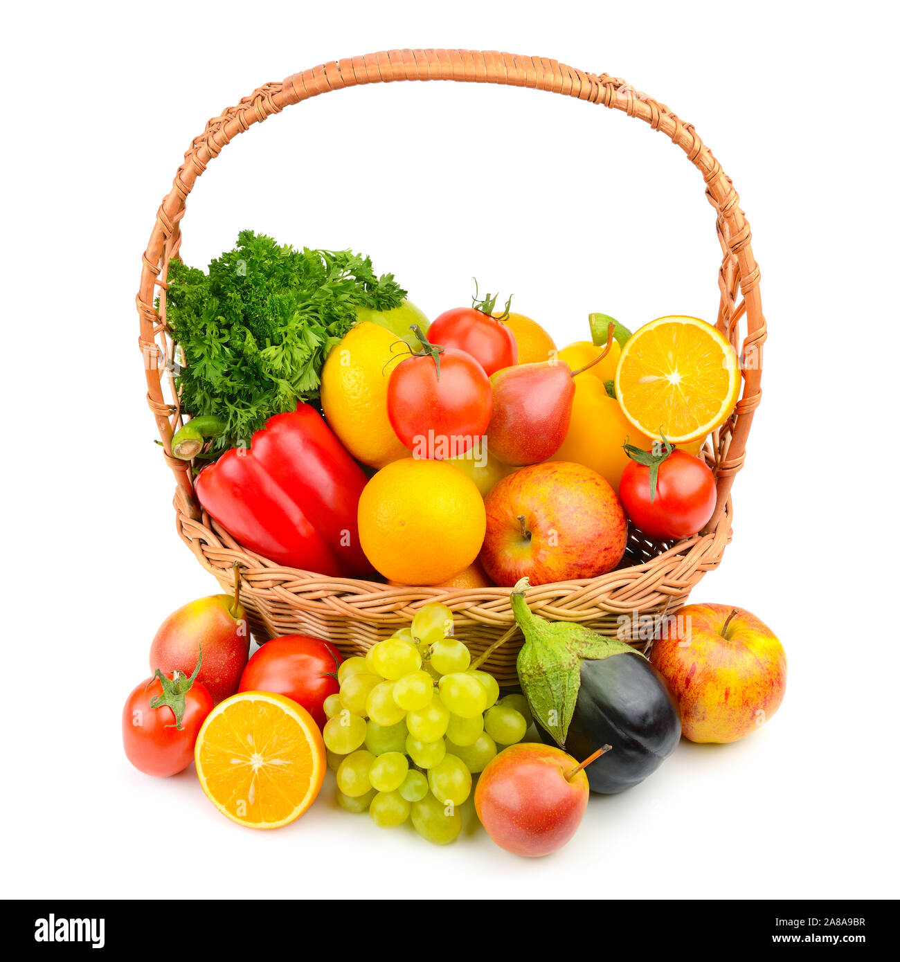 vegetables and fruits in a basket isolated on white background Stock ...