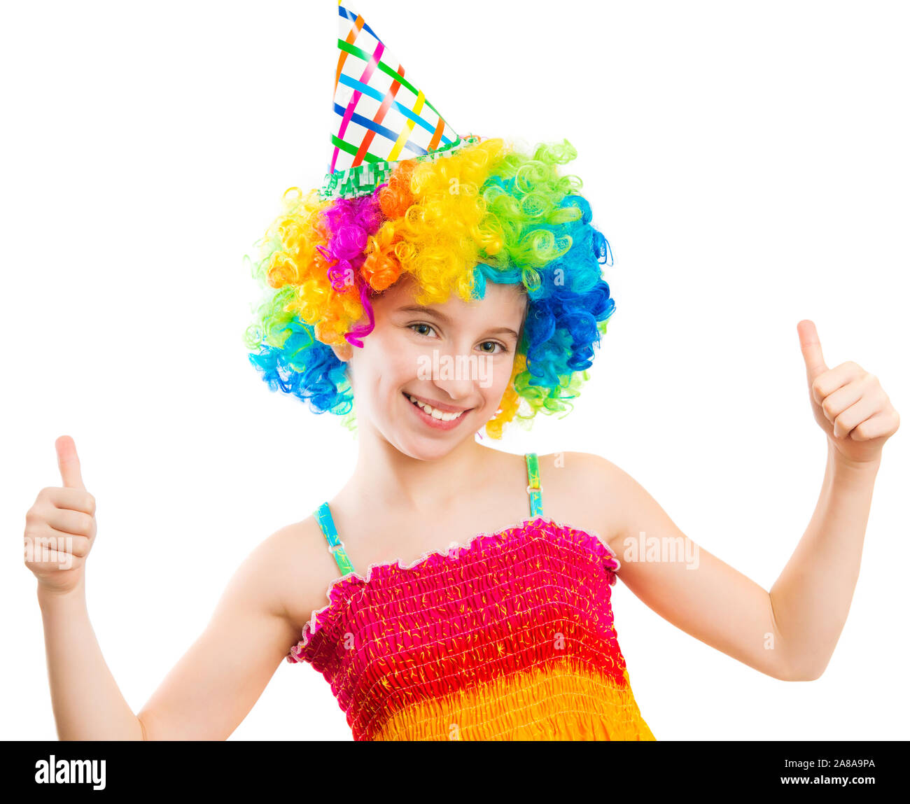 Yappy girl in clown wig shows thumbs up isolated Stock Photo - Alamy