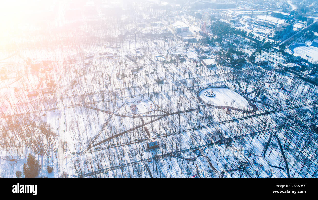 Top aerial view of empty city park in winter with snow Stock Photo - Alamy