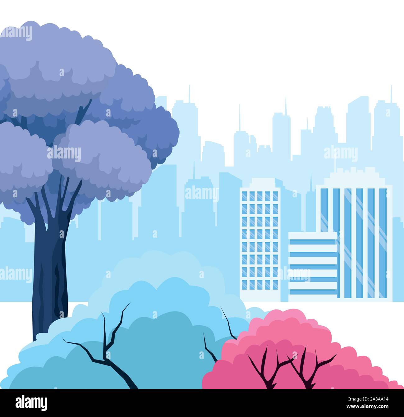 colorful bushes and tree over urban city landscape background Stock ...