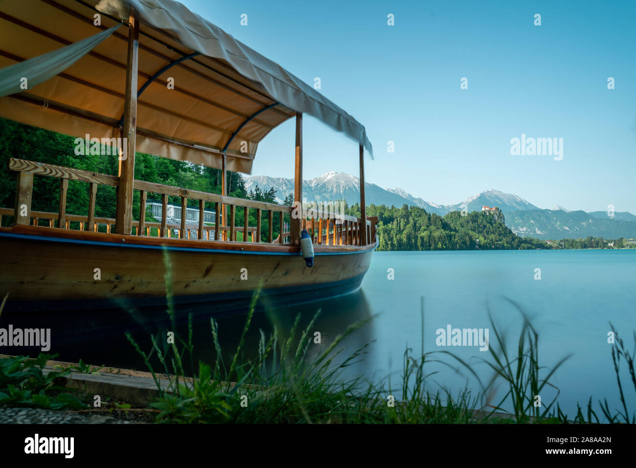 View of a beautiful typical boat from Bled called "pletna", that makes ...