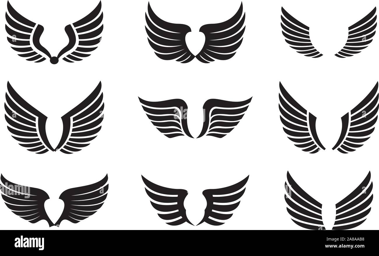 Set of black Wings. Vector Illustration and outline Icons. Symbol of ...