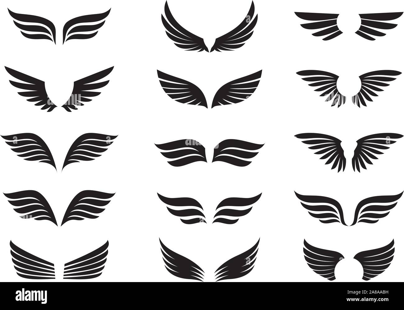 Set of black Wings. Vector Illustration and outline Icons. Symbol of ...