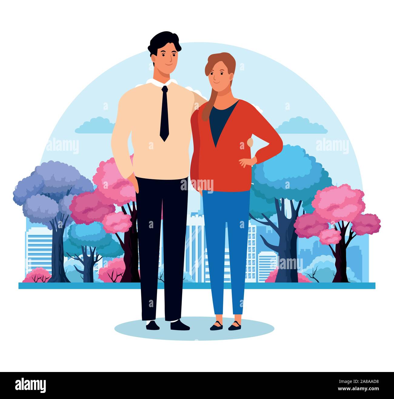 cartoon couple standing over colorful trees Stock Vector Image & Art ...