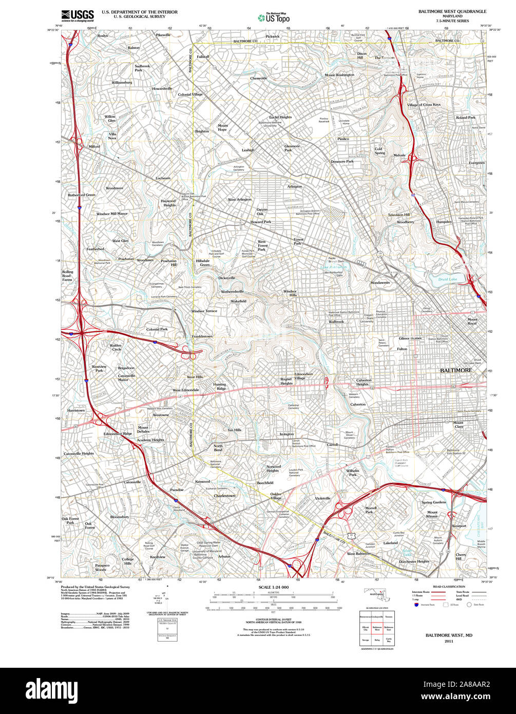 USGS TOPO Map Maryland MD Baltimore West 20110707 TM Stock Photo - Alamy