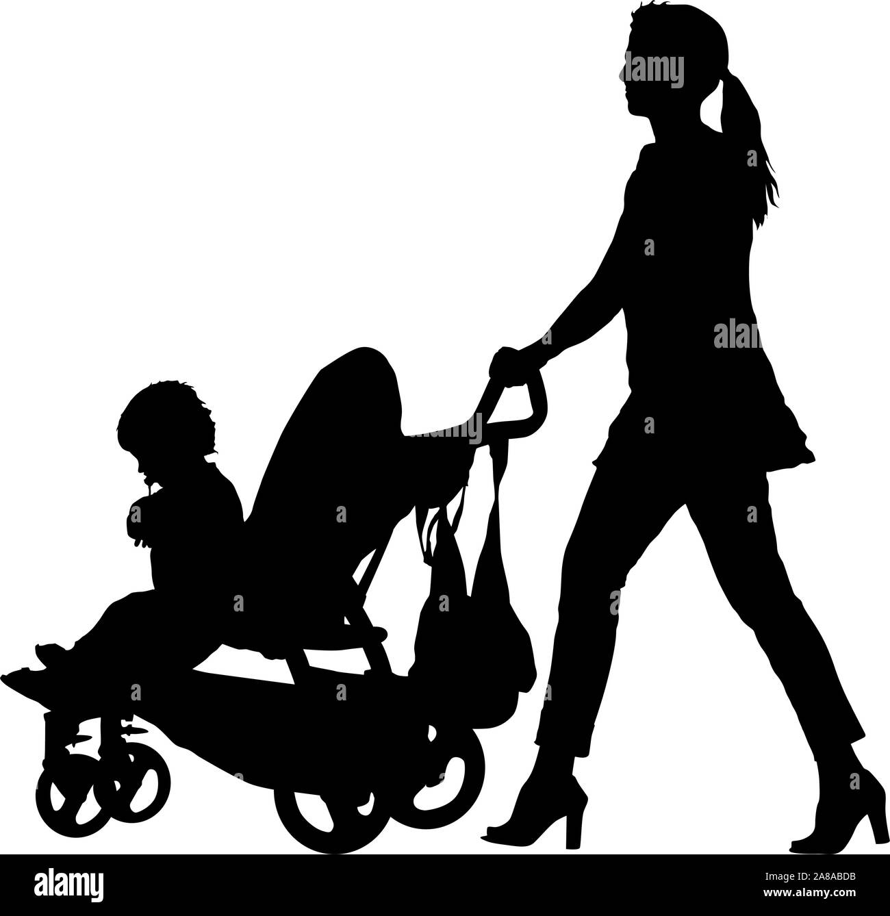 Silhouettes walkings mothers with baby strollers on white background ...