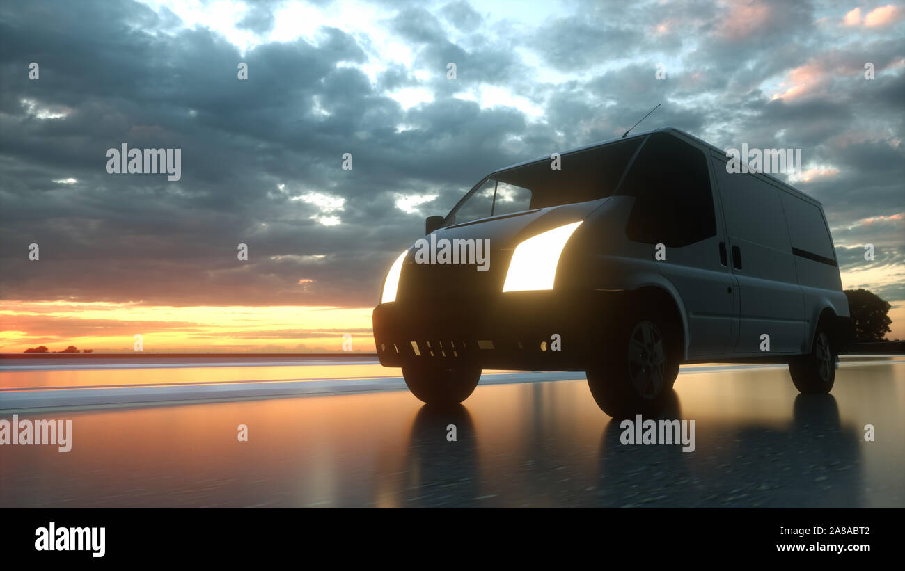 Yellow delivery van on highway. Very fast driving. Transport and ...