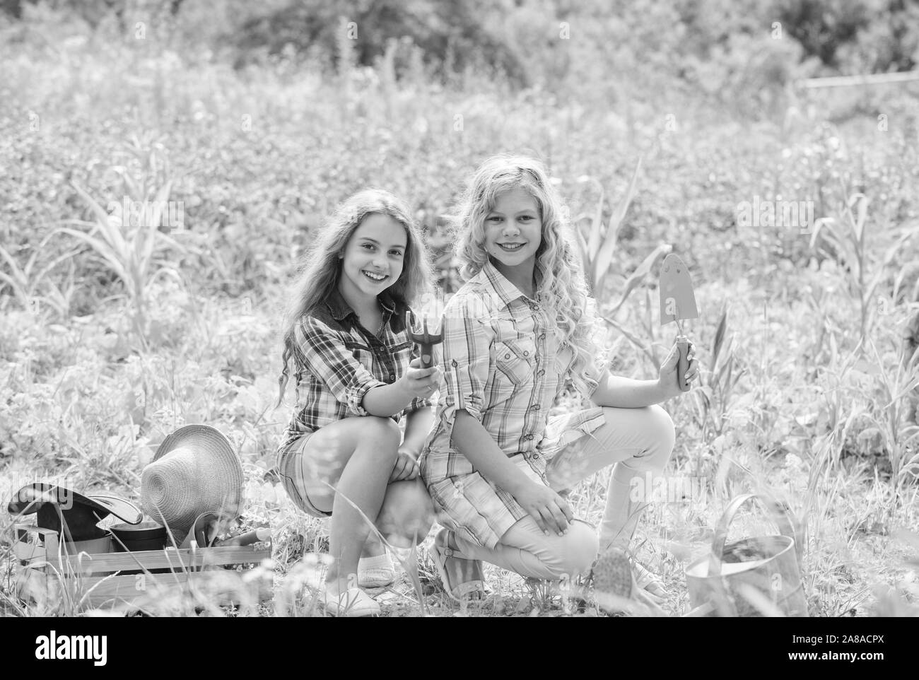 Love my work. children work in field use gardening tool. small girls farmer in village garden ...