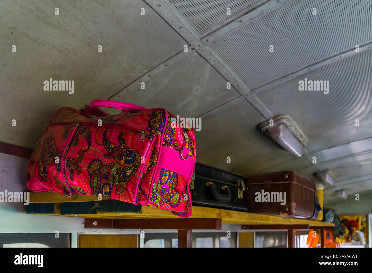 Passengers baggage on a wooden shelf in a old train wagon, Nostalgic ...