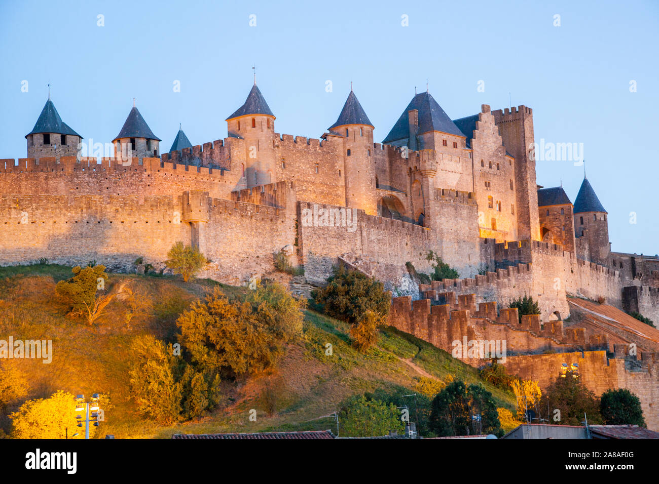 The floodlit hill top medieval castle Citadel in the fortified French ...