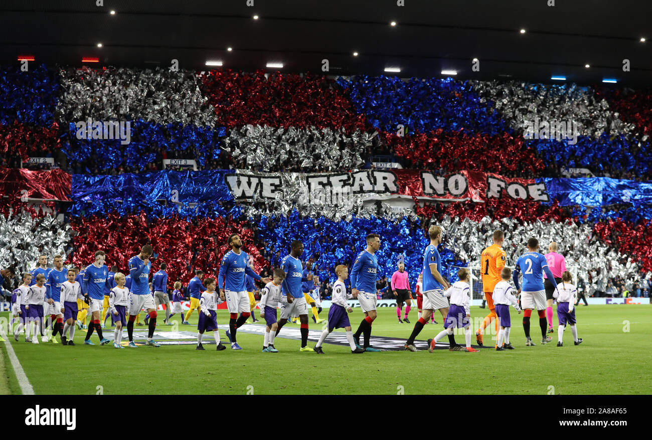 Rangers players walk out during the UEFA Europa League match at Ibrox ...