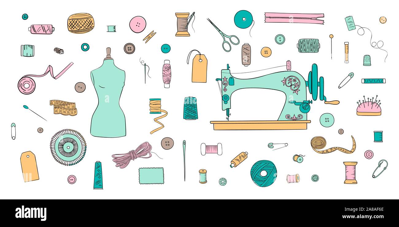Color set of objects for sewing, handicraft. Sewing tools and sewing ...