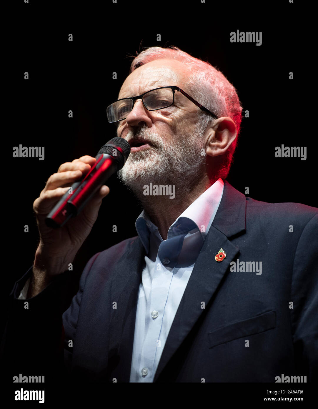 Manchester, UK. 7th November 2019. Jeremy Corbyn, Leader of the Labour ...