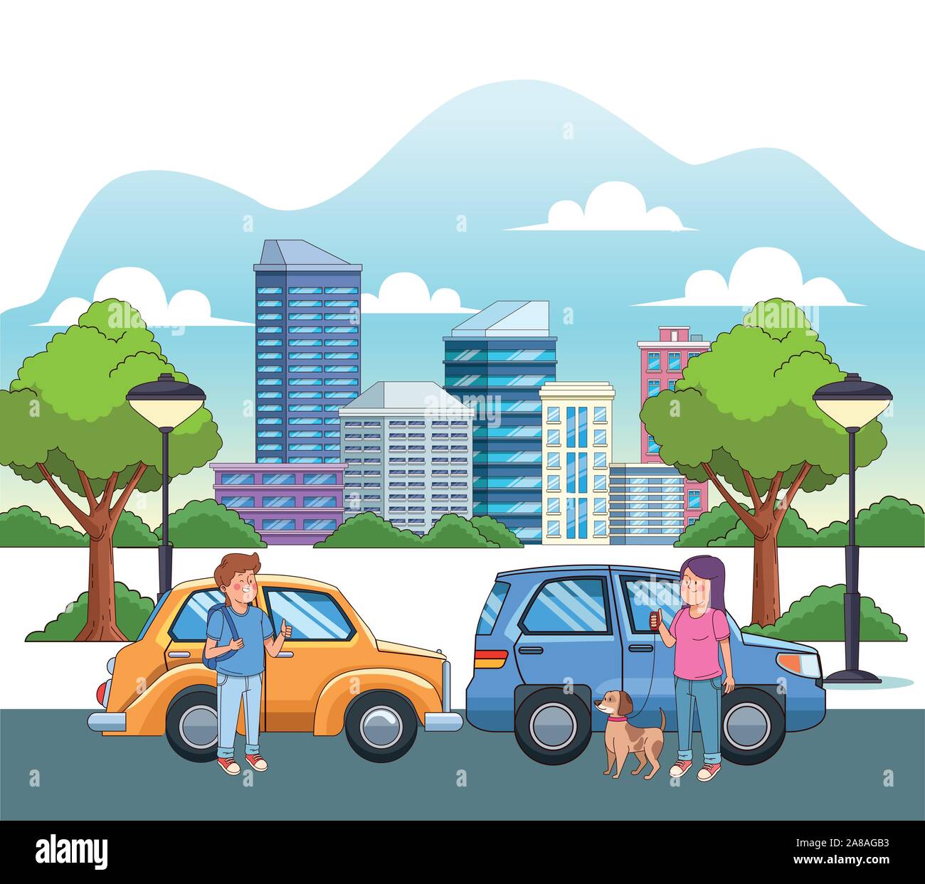 cartoon teen boy and girl with a dog in the street with cars Stock ...