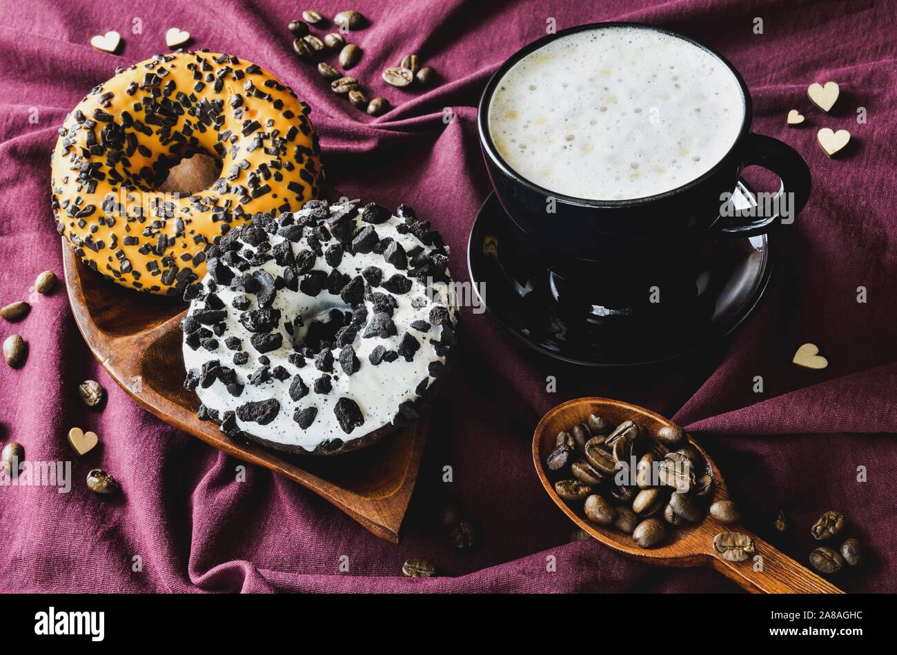 Elegant concept of serving coffee. Coffee with colorful croissants on a ...