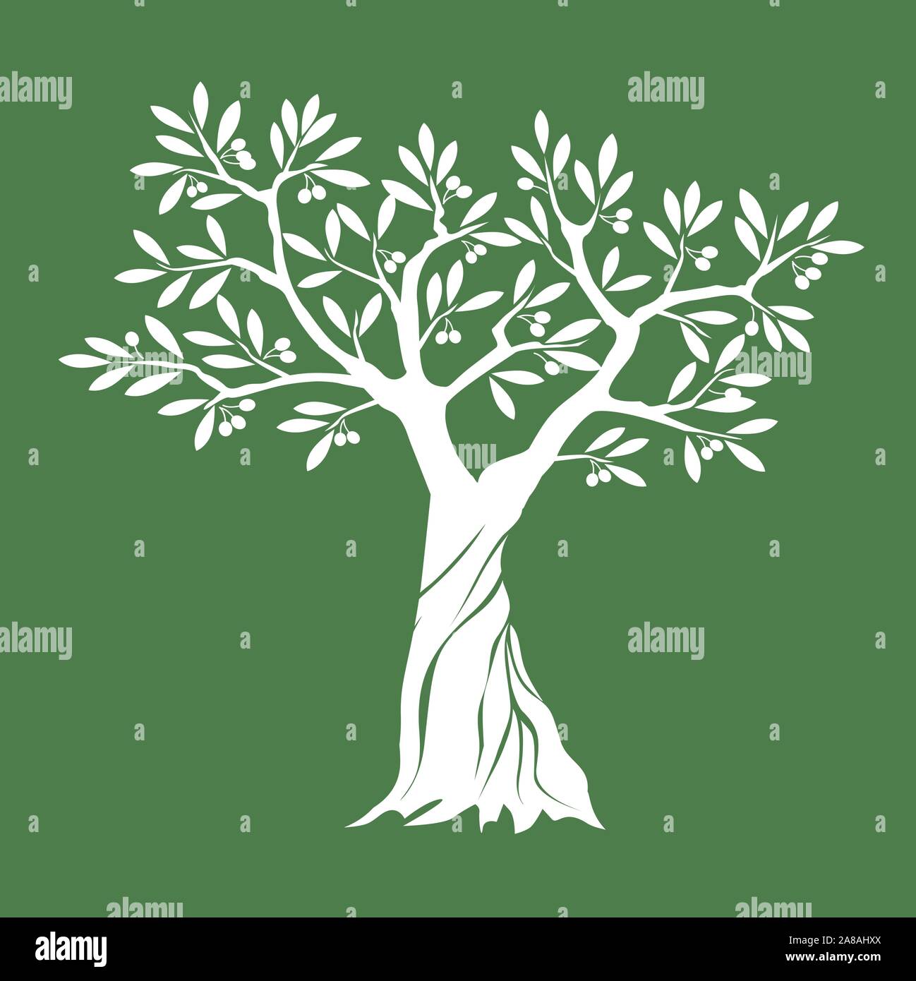 White Isolated Olive Tree on green background. Vector Illustration and ...
