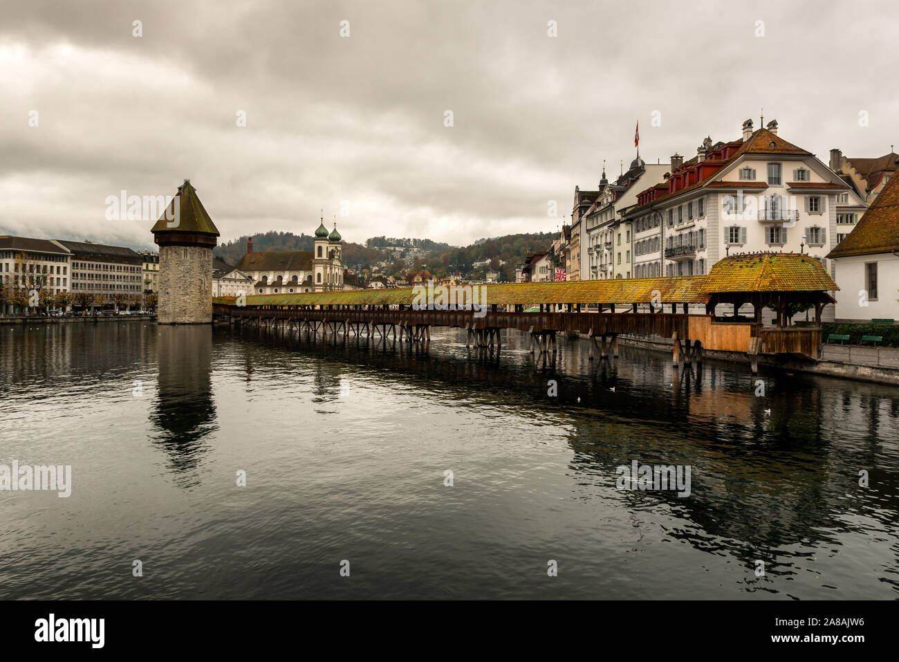 Lucerne historic city center view of famous Chapel Bridge and lake ...