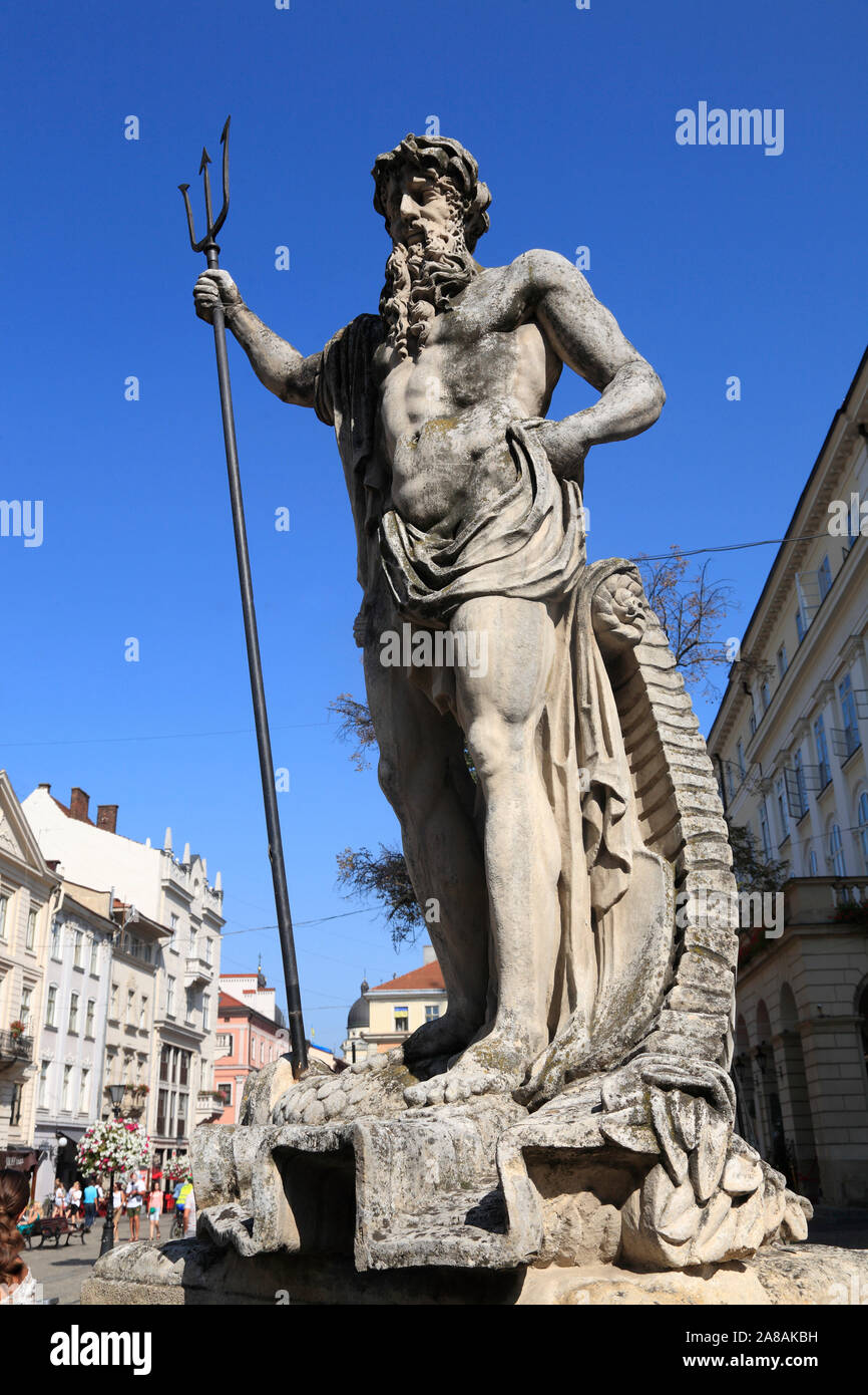 Neptun-fountain at market square Rynok, Lviv , Ukraine Stock Photo - Alamy