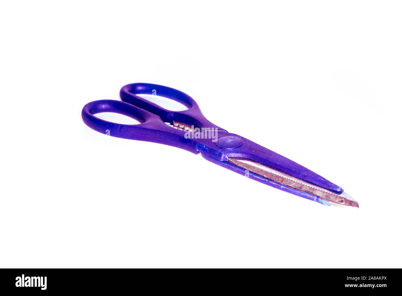Magenta Blue scissors. Object is isolated on white background without ...