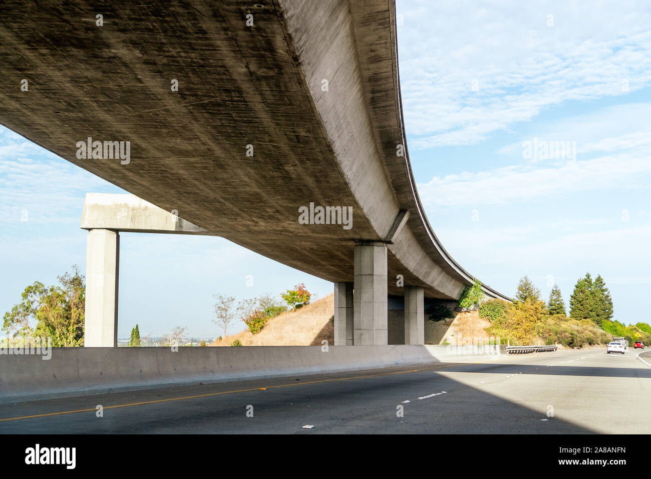 Underside view of freeway at a freeway interchange in East San ...