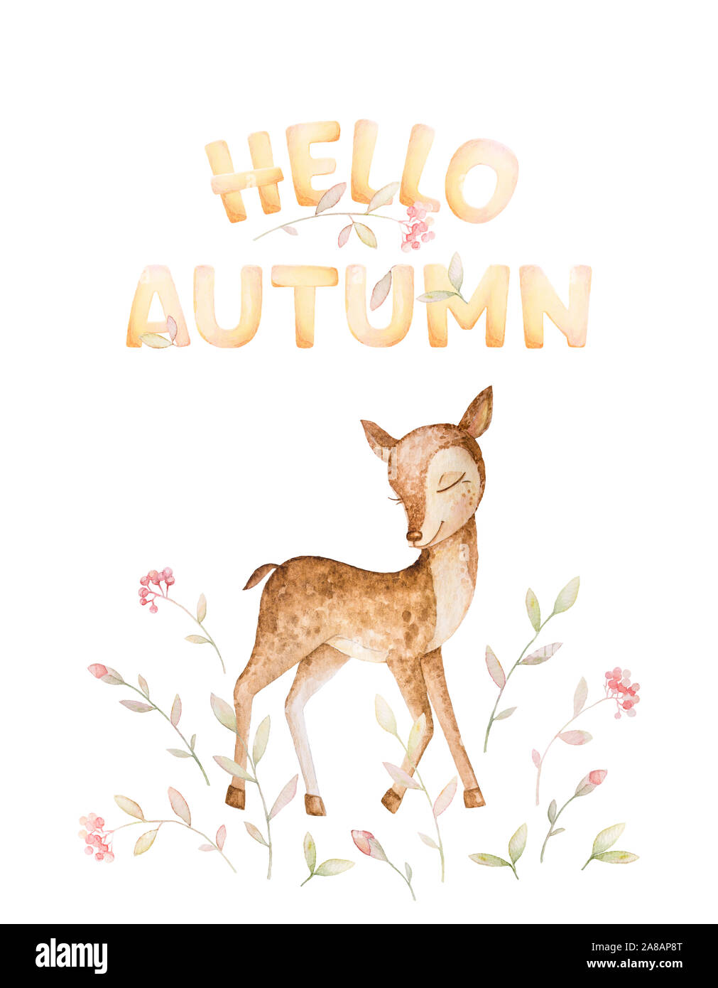 Hello Autumn. Forest animals. Little deer. Flowers, branches, leaves ...