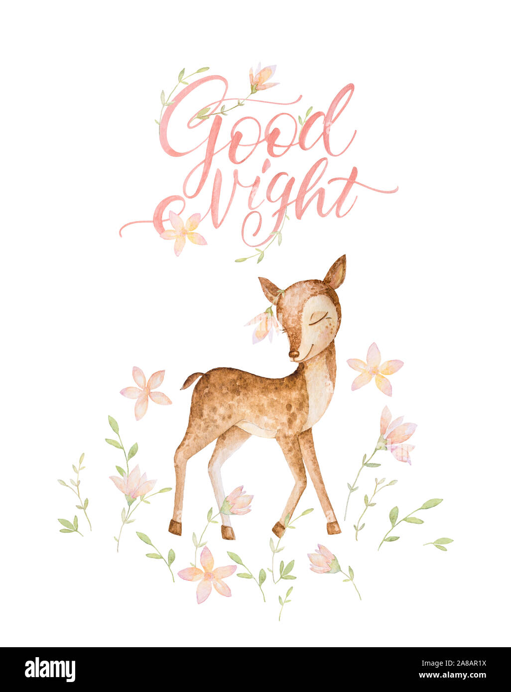 Forest animals, small deer, rustic flowers. Good night. Lettering ...