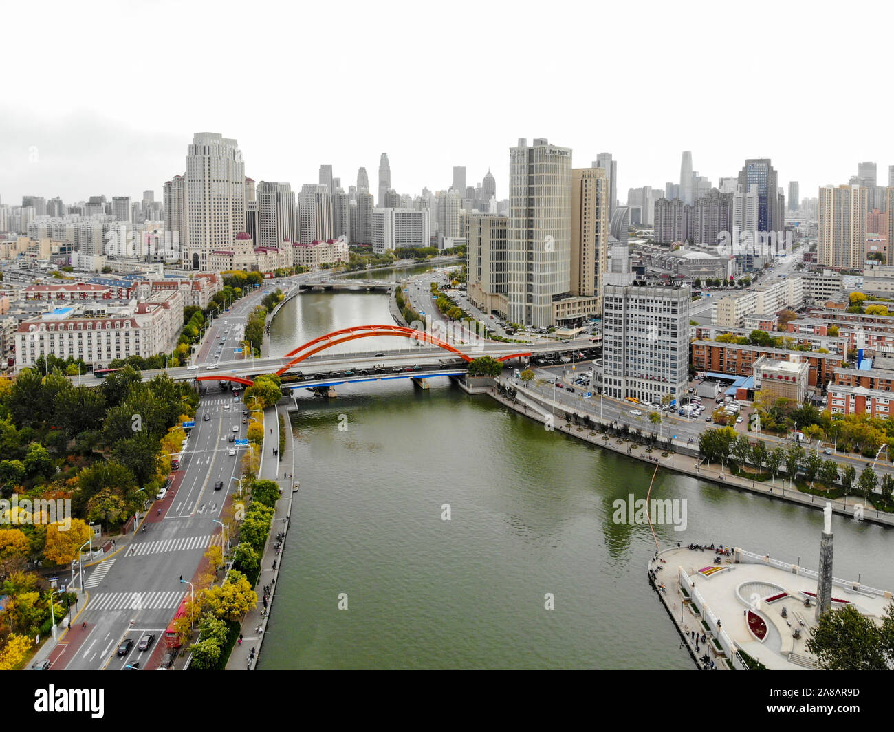 Aerial view of Tianjin cityscape with Haihe river and skyscrapers ...