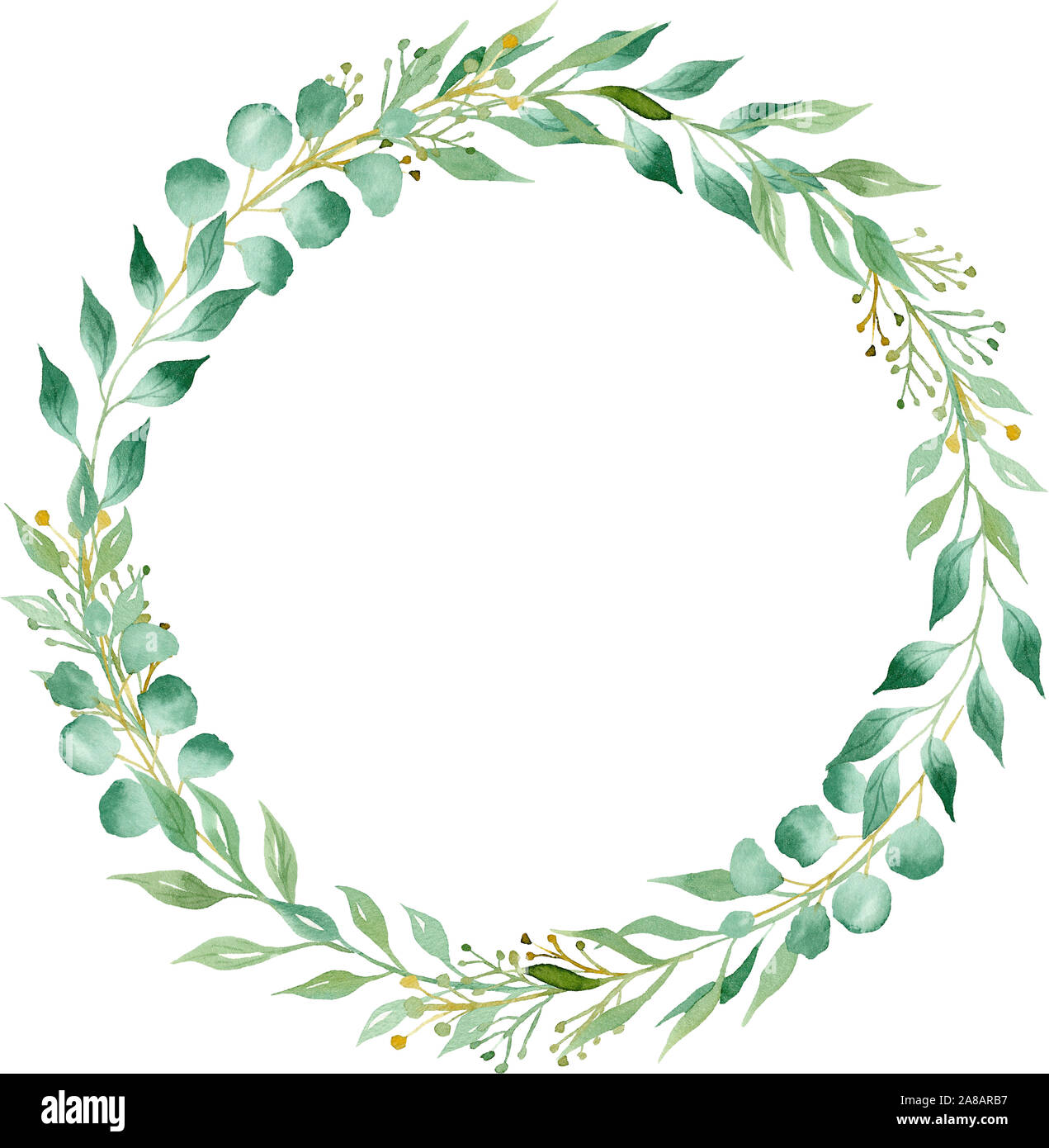 Circular frame with green foliage hand drawn watercolor raster illustration. Round botanical ...