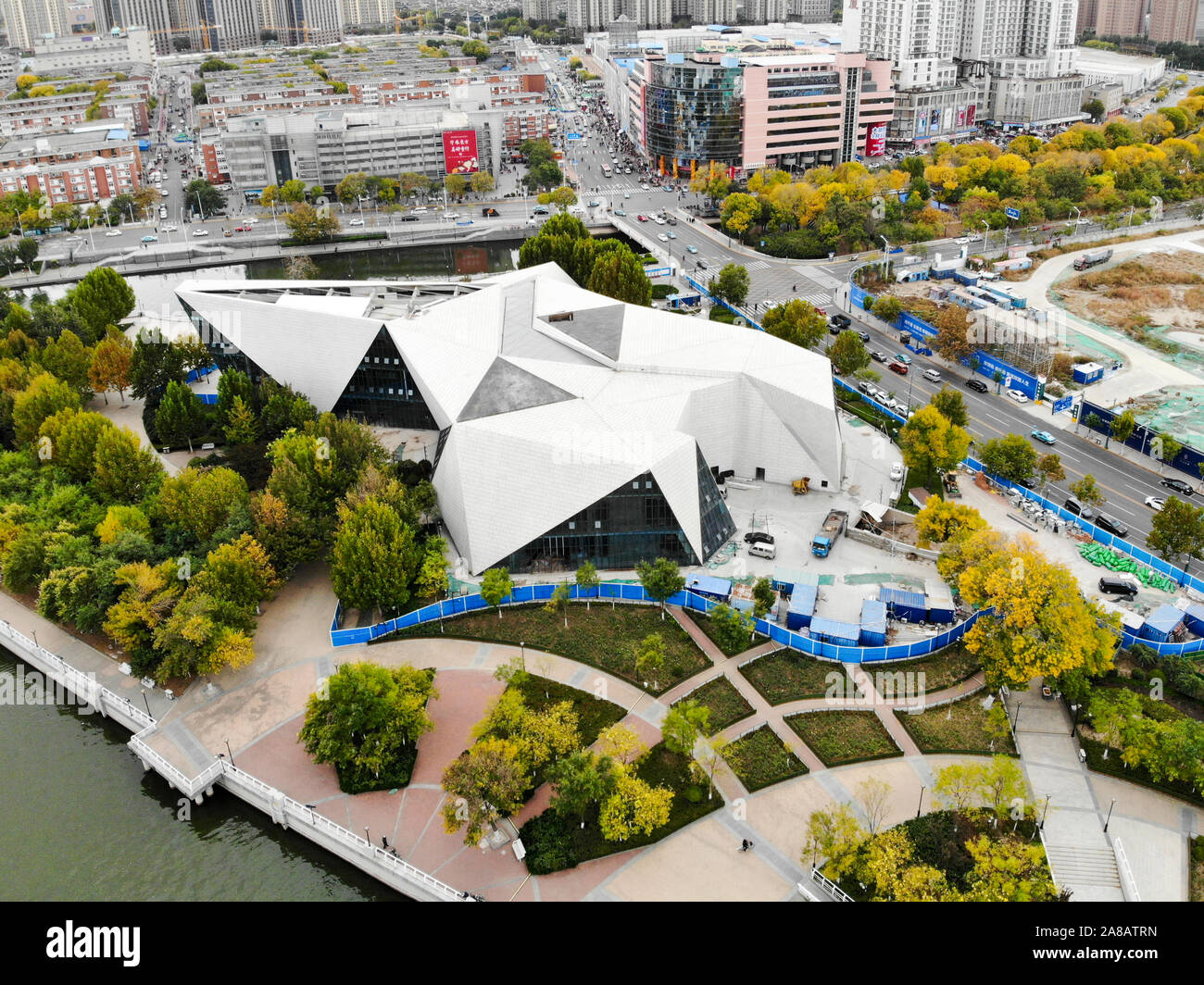 Aerial view of Tianjin cityscape with Haihe river and skyscrapers ...