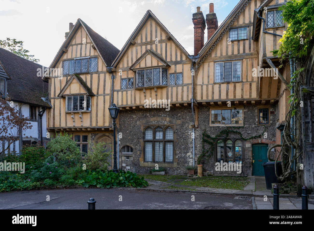 three old english tudor houses Winchester, Hampshire, UK Stock Photo ...