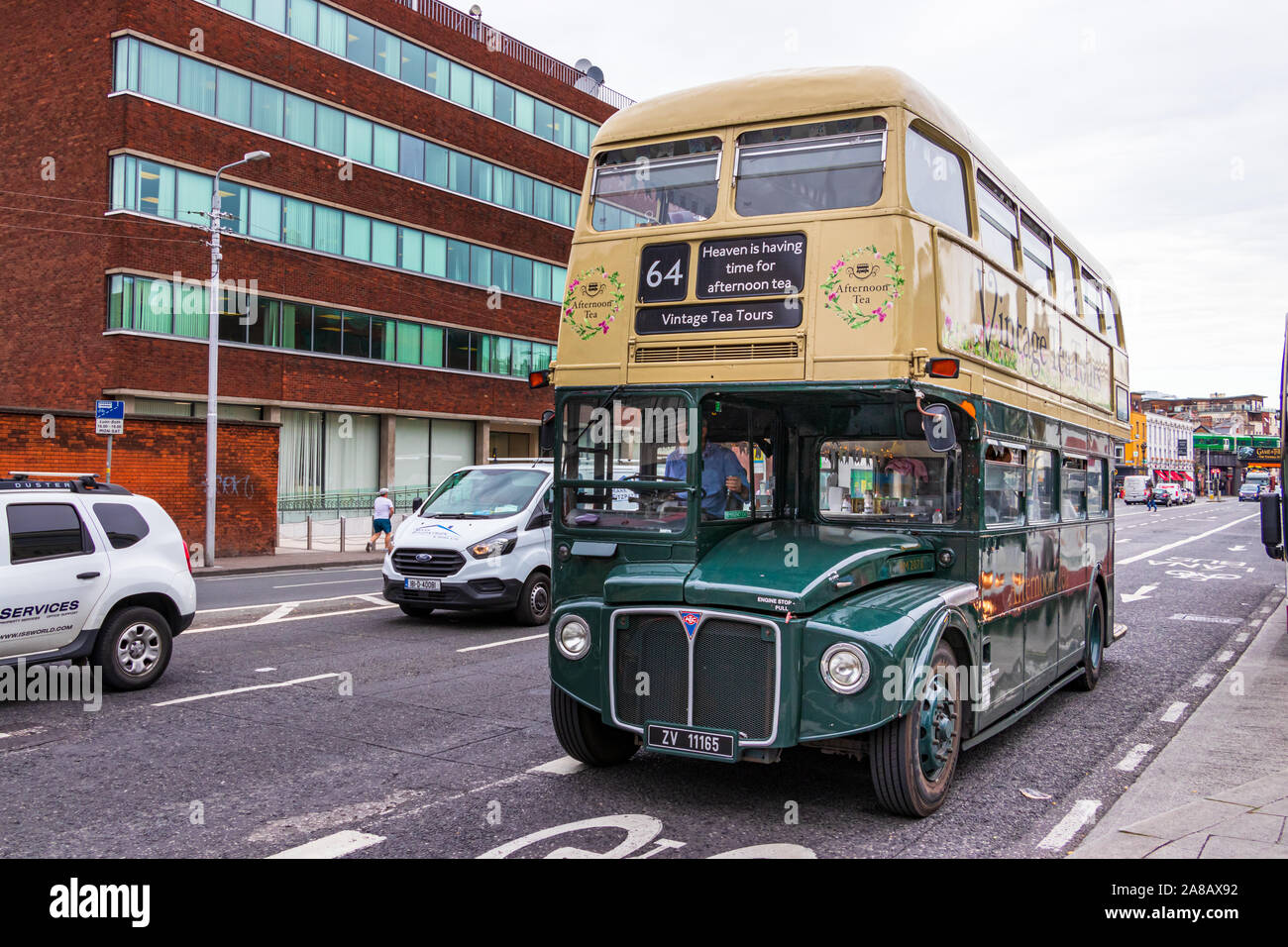 A Vintage double-decker tea time bus tour in Dublin, Ireland Stock ...