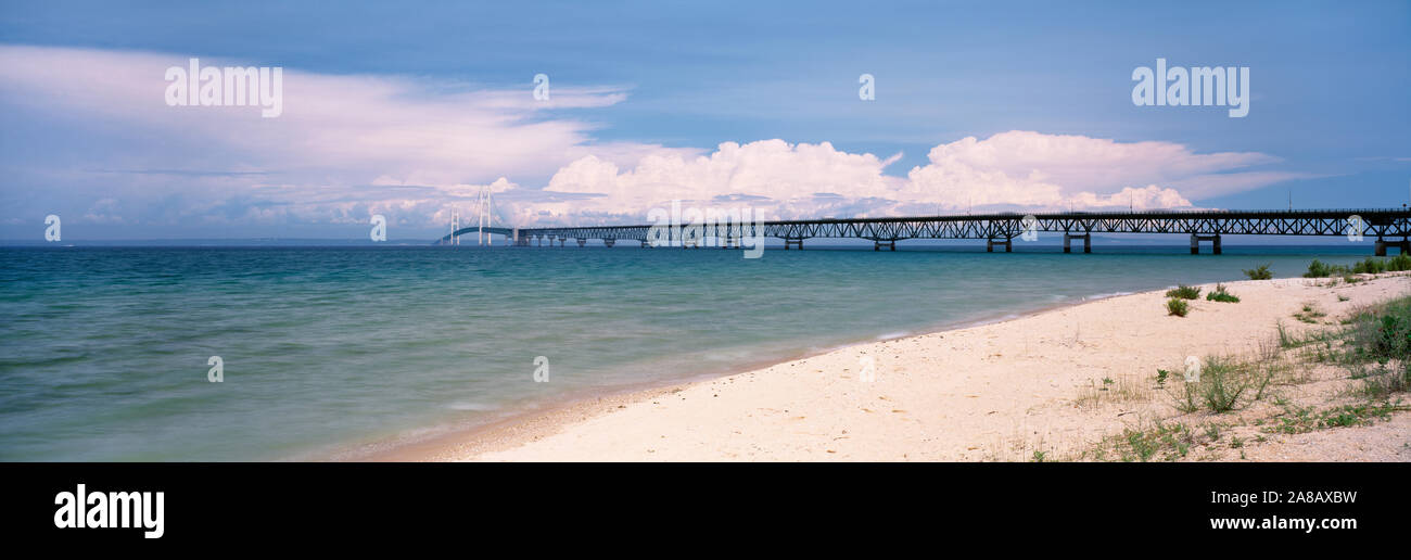 Bridge over a lake, Mackinac Bridge, Lake Michigan, Michigan, USA Stock ...