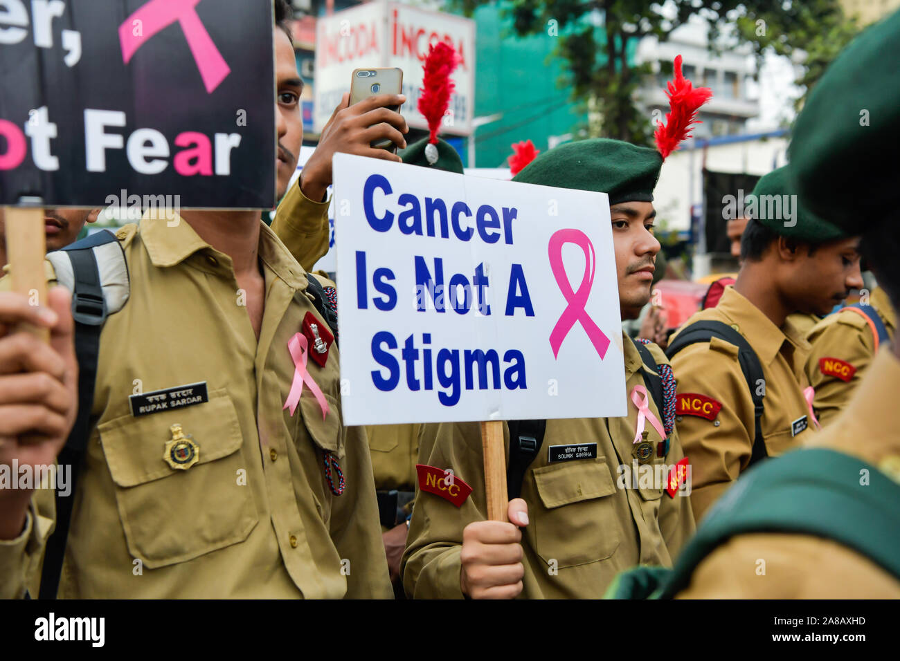 NCC (National Cadets Corps) cadres holding placards during the rally ...
