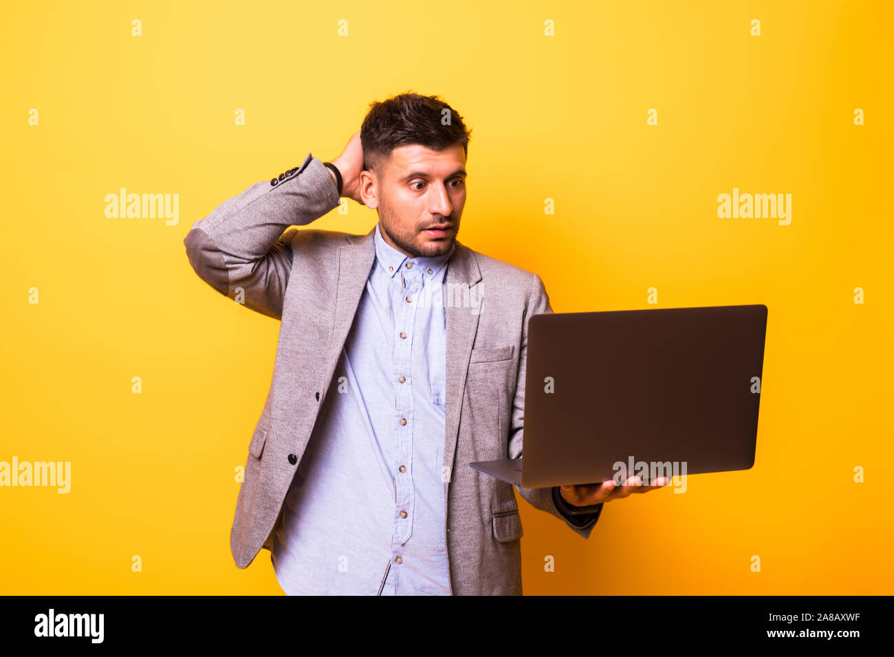 Portrait man forget or problems confused with laptop software isolated ...