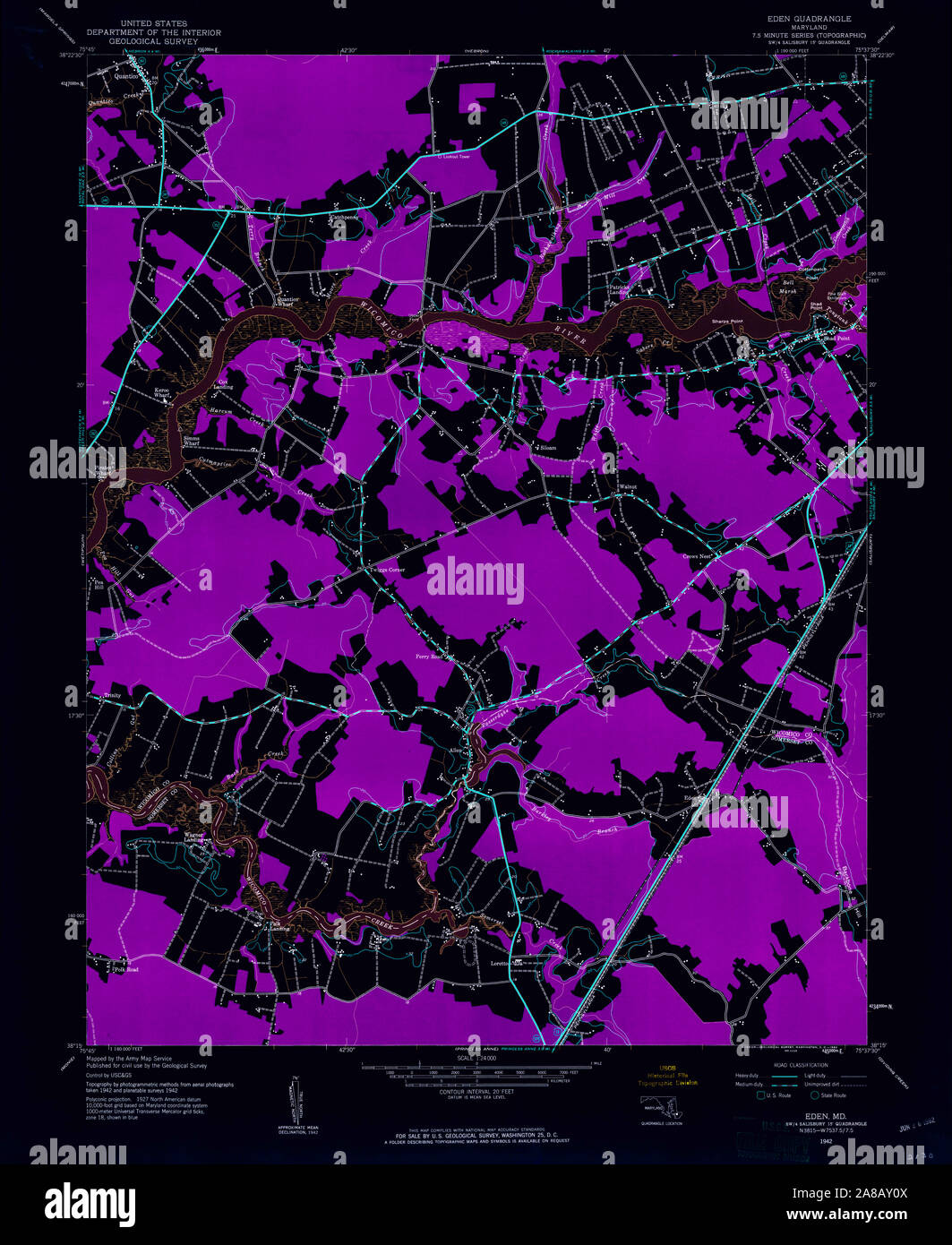 USGS TOPO Map Maryland MD Eden 256267 1942 24000 Inverted Stock Photo ...