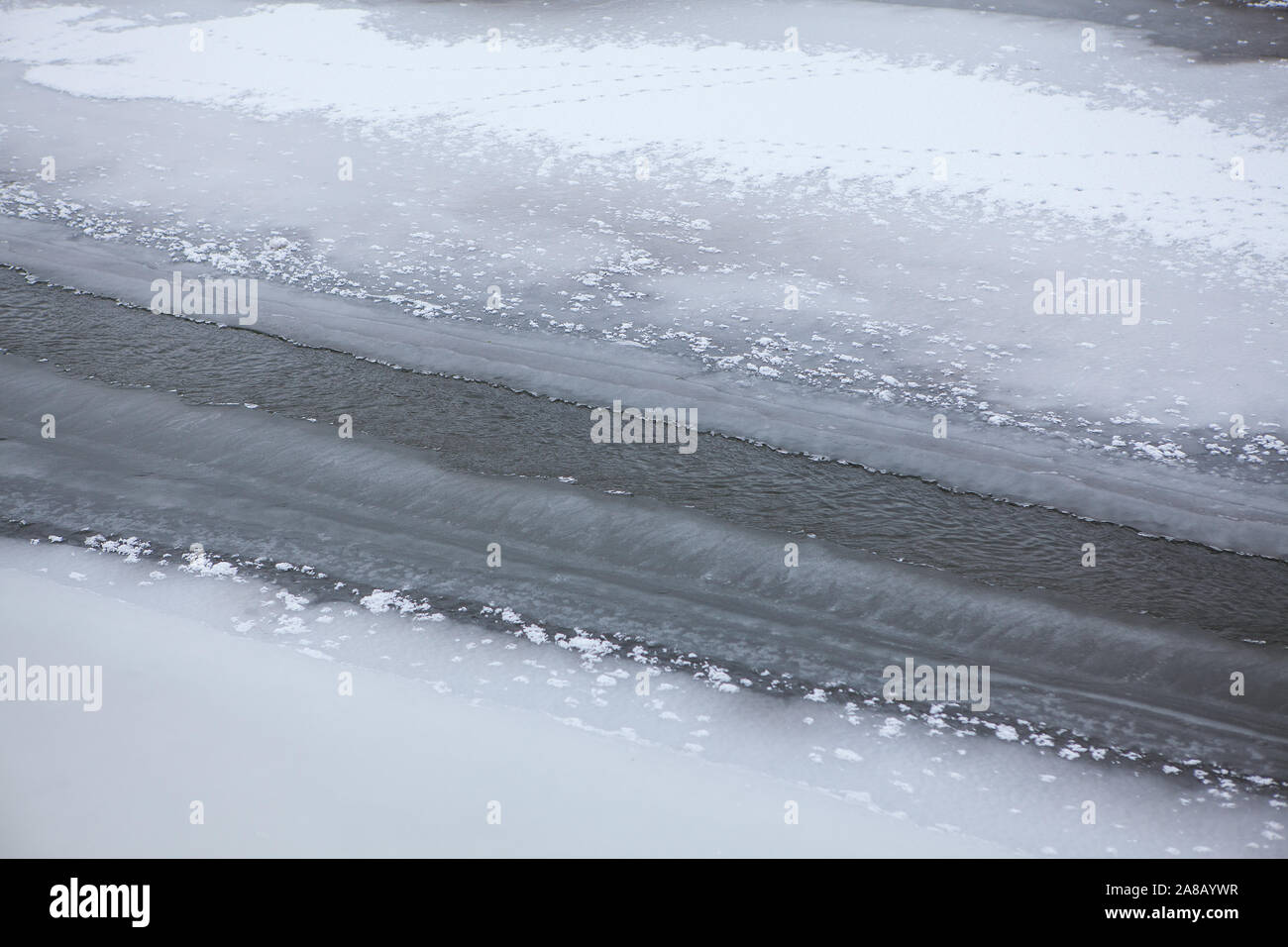 thin ice surface and snowy shore Stock Photo - Alamy