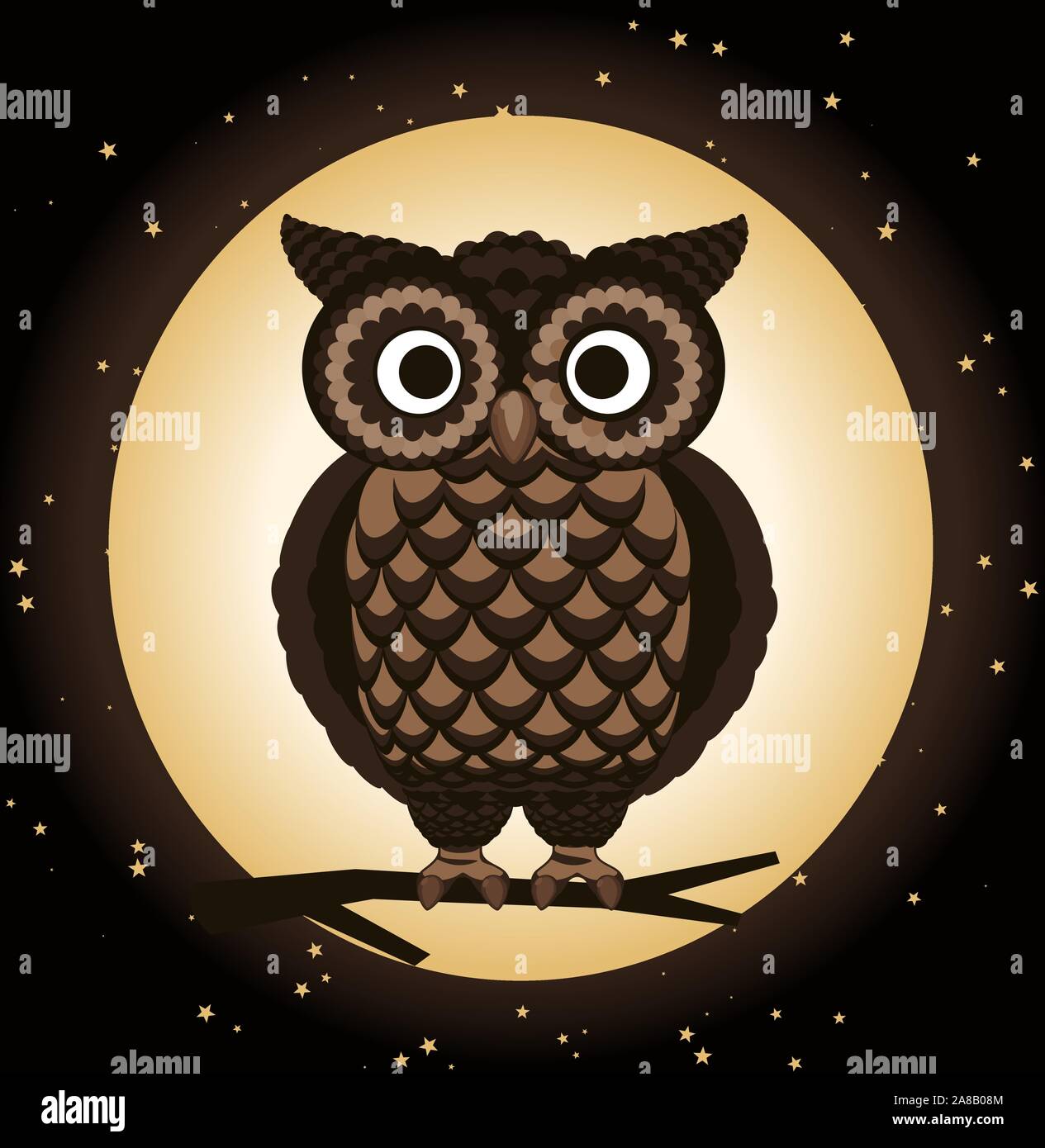 Owl Perching at night, brown bird. With moon and stars vector ...