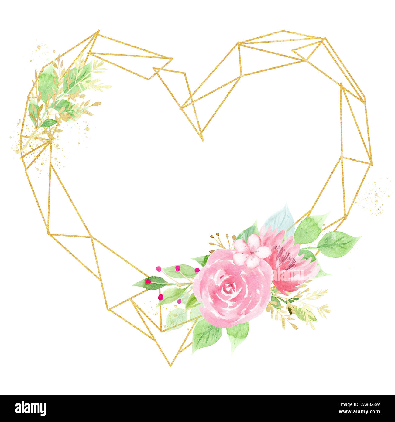 Heart shaped frame with beautiful flowers watercolor hand drawn raster ...